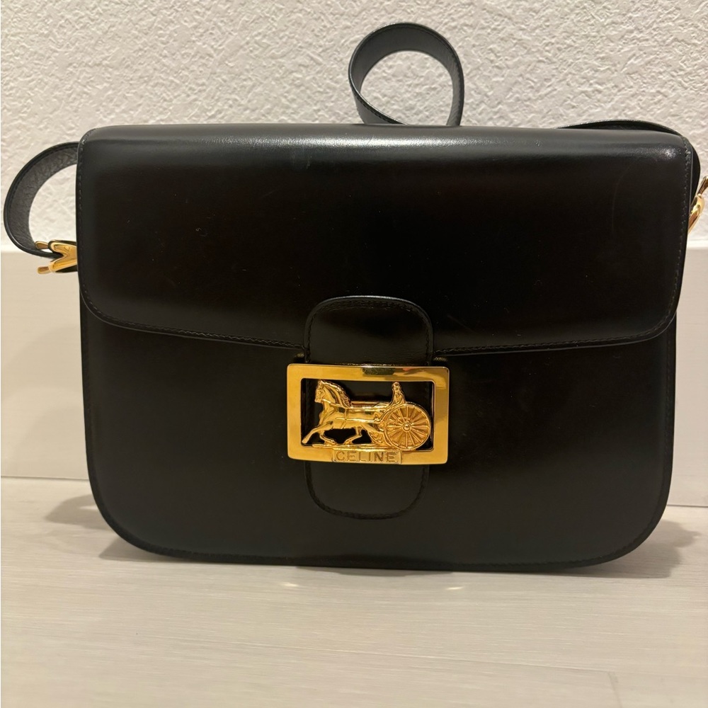 Vintage Celine Horse Carriage Black Shoulder And Cros… - Gem